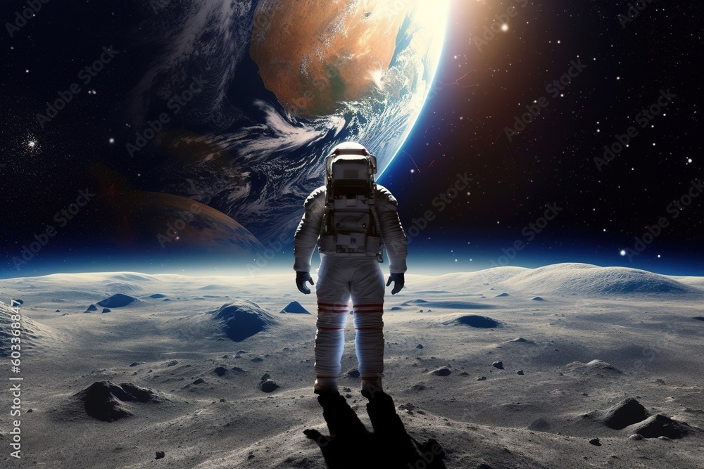 Astronaut standing firm, facing away from the camera in space suit and ...