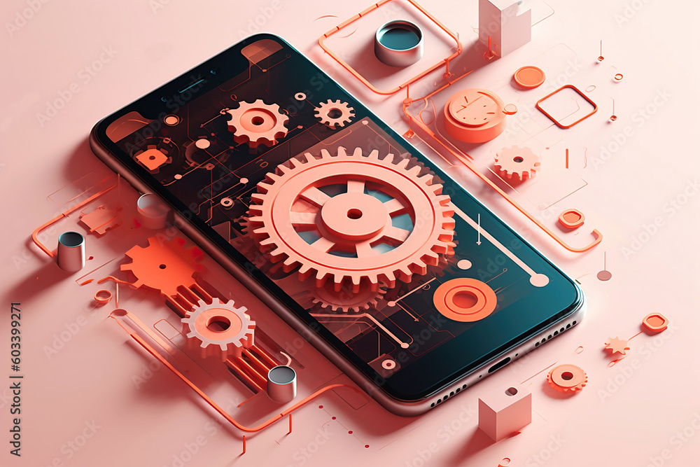 Generative AI illustration of modern mobile phone with cogwheels on ...