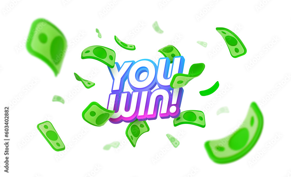 Celebration winning on falling down dollar money background. You win 3d ...