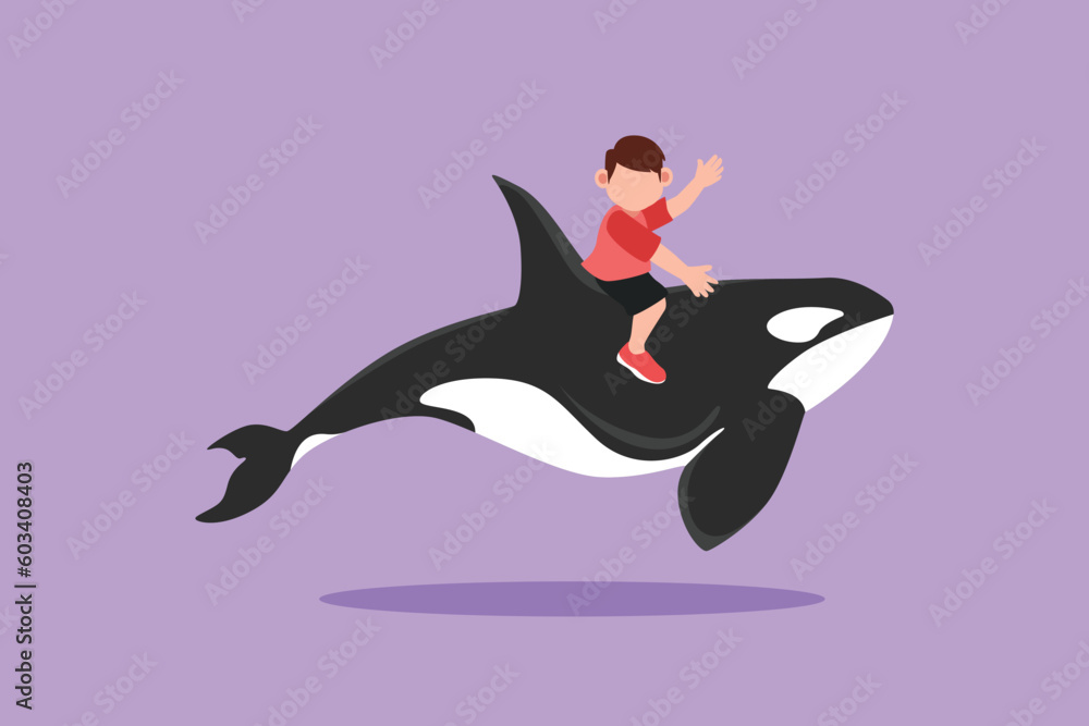 Cartoon flat style drawing bravery little boy riding orca. Adorable ...