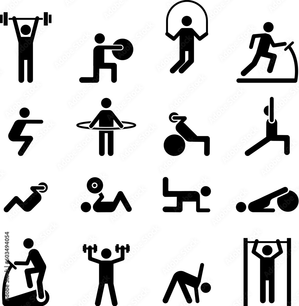 Sport people icons. Gym lifting warm-up stretch symbols, fitness poses ...