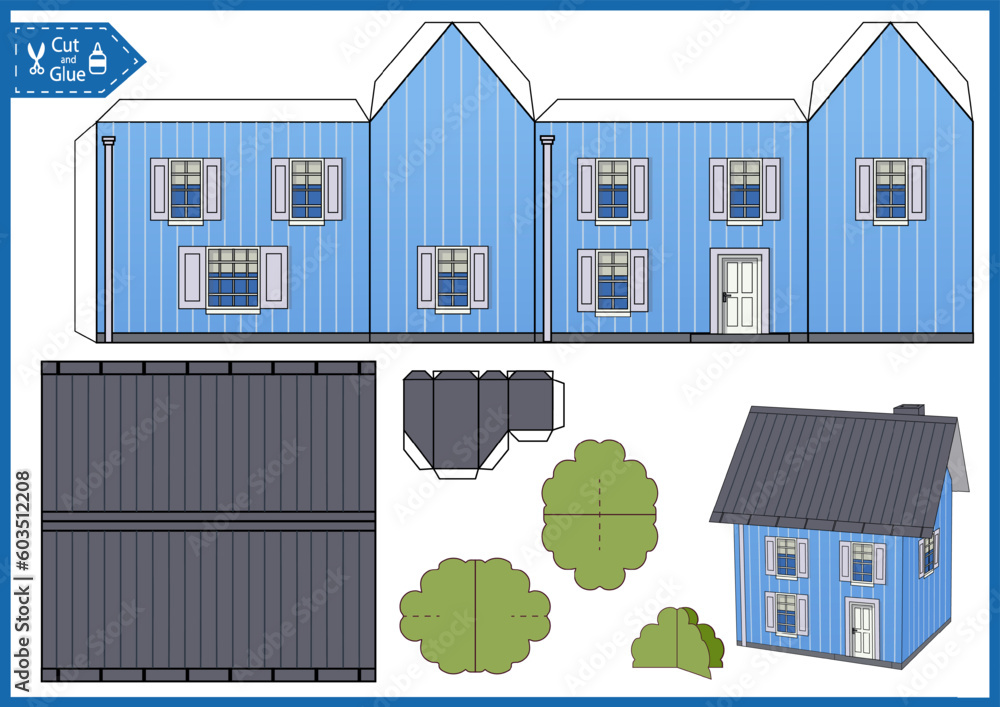 Kids paper craft activity page template. Cut and glue a paper house ...