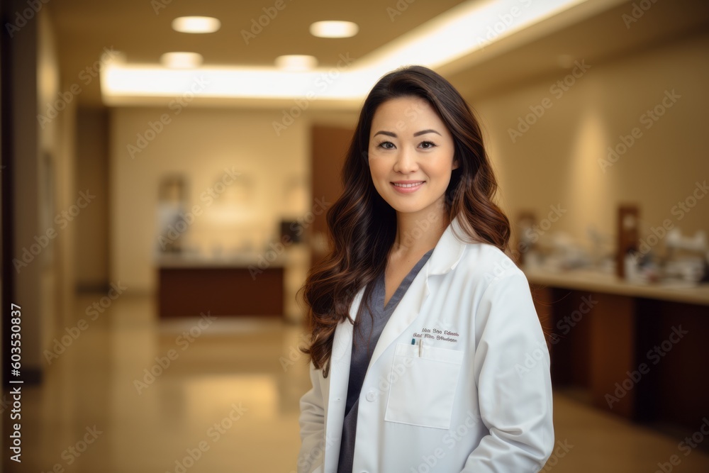 Environmental portrait photography of a pleased doctor in her 30s ...