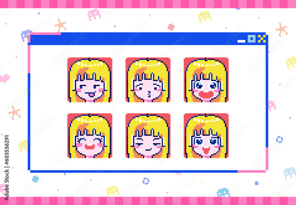 Pixel art Cute Anime Girl Emoji Set. 8 bit Emotes Digital Stickers ...