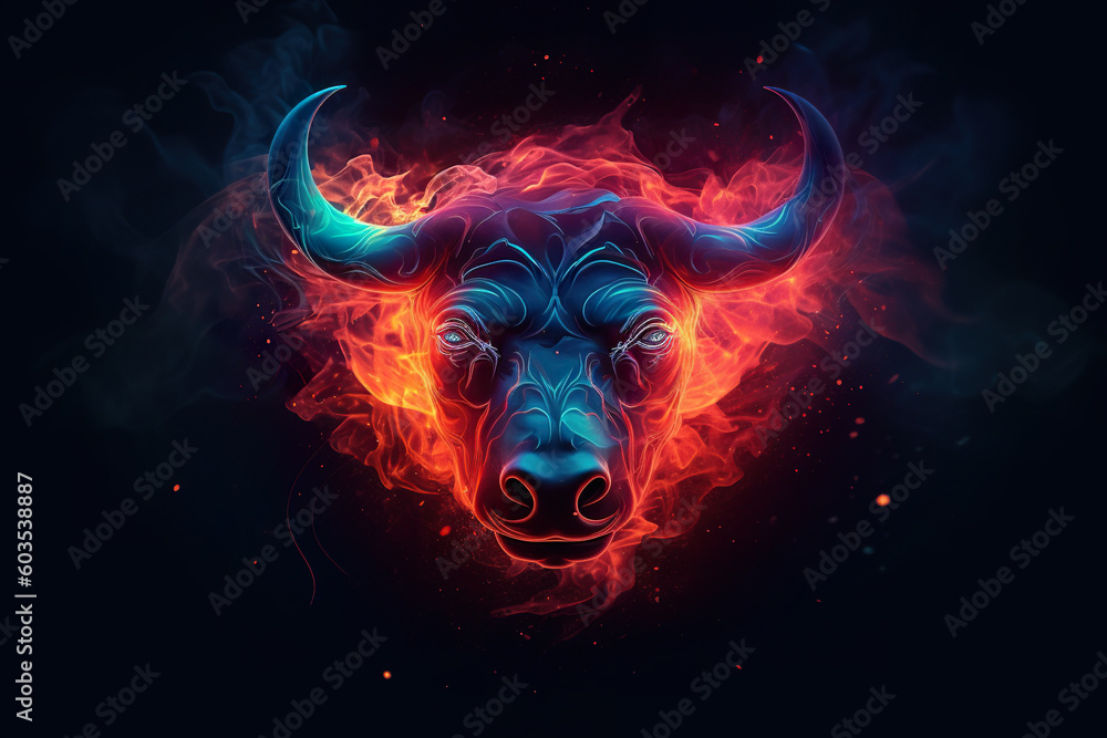 Taurus, ethereal zodiac sign, bull head with a blue and red fire on it ...