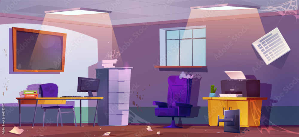 Abandoned police office station interior vector. Detective desk in ...