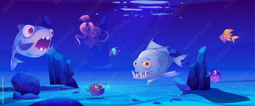 Sea underwater cartoon vector scene with fish. Deep under water ...
