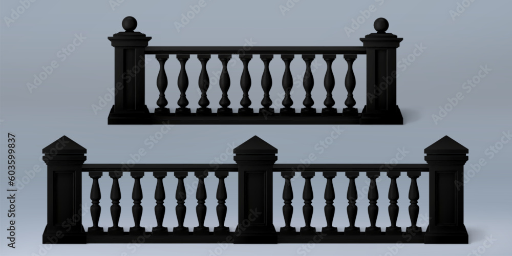 3d black balcony balustrade with roman stone pillar. Palace porch fence ...
