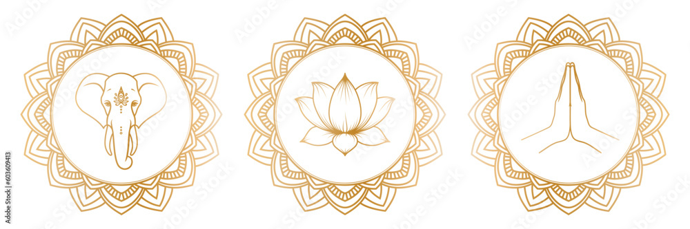 Golden elephant head, lotus flower and hands in mudra Namaste in an ...