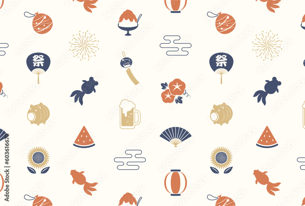 seamless pattern with a set of Japanese summer icons for banners, cards ...