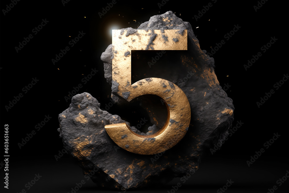 Illustration Stock Stone style font.Golden number 5, five, fifth ...