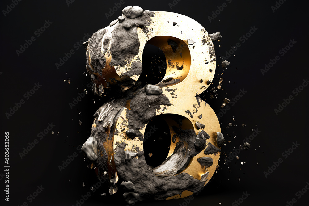 Stone style font.Golden number 8, eight, forged from stone. Anniversary ...