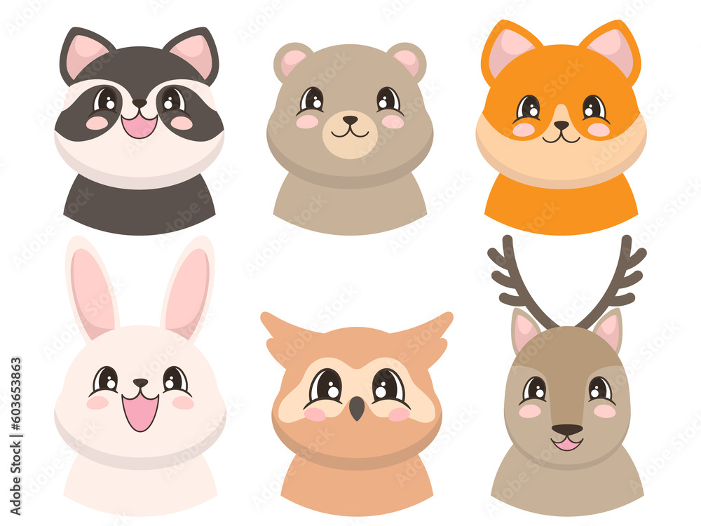 Portraits of cute animals in cartoon style. Rabbit, deer, owl, racoon ...