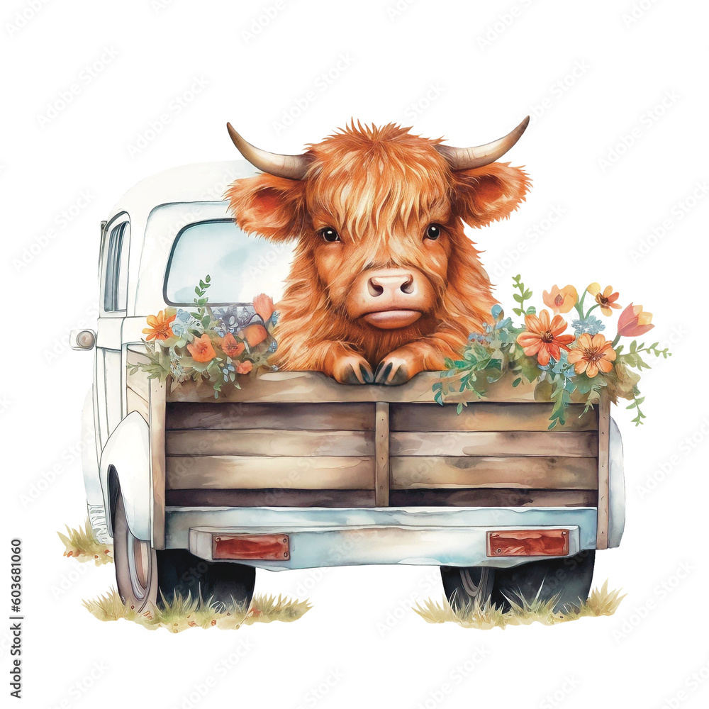 Baby Highland Cow in Farm Truck Watercolor Clipart, made with ...