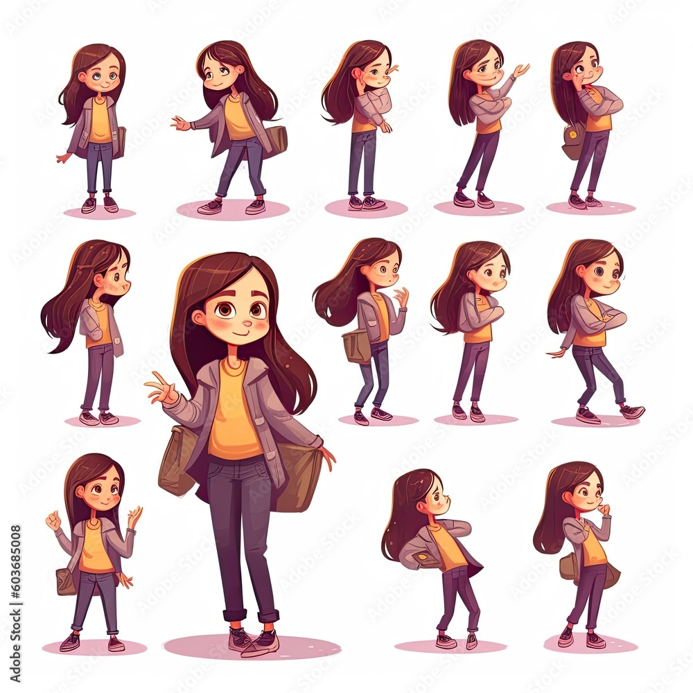 Teen girl character, multiple poses and expressions, collection ...