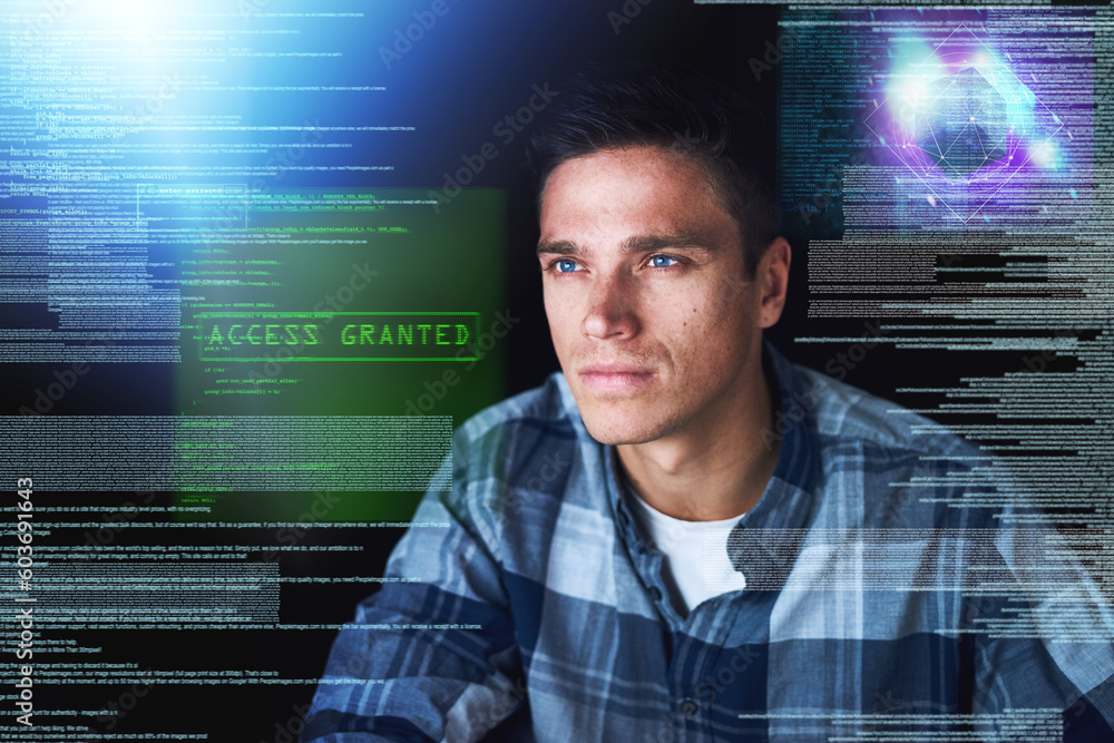 Hacker, hologram and man with focus, database and digital software with cyber security, coding ...