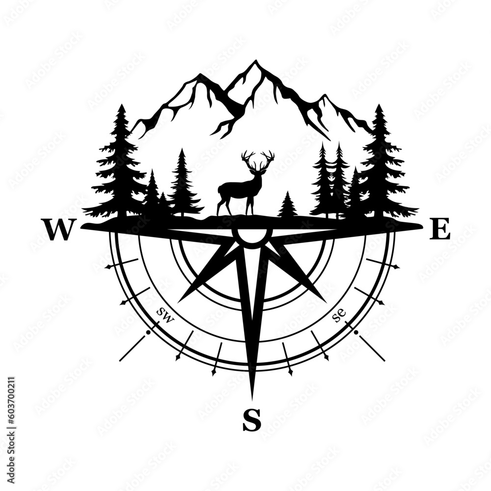 Elk in the Forest with Compass, Deer in the Wild Stock Vector | Adobe Stock