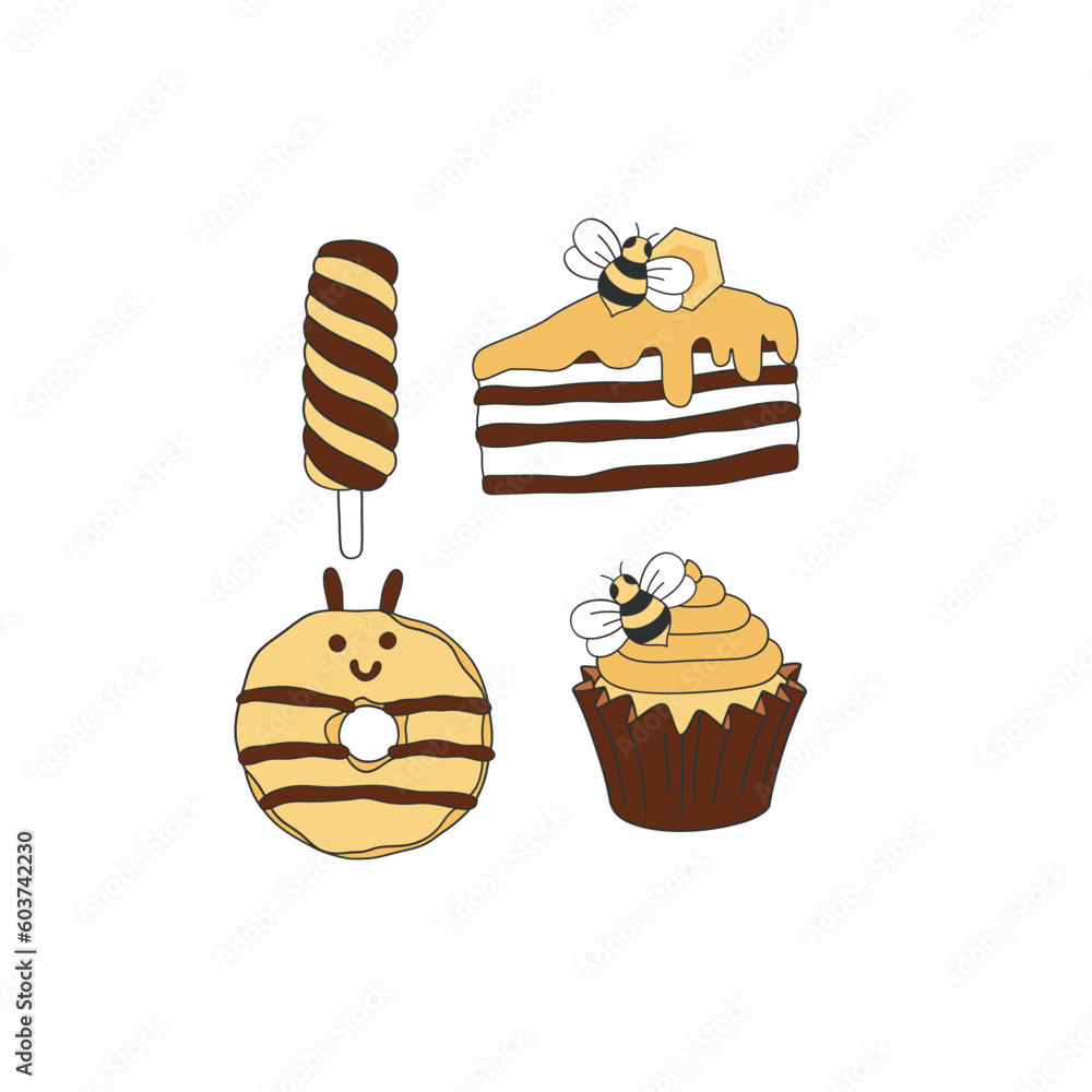 Bee party sweets, donut, cupcake, cake, ice cream vector clip-art set ...