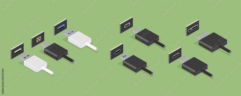 3D Isometric Flat Vector Set of USB Types, Socket Plug in Stock Vector ...