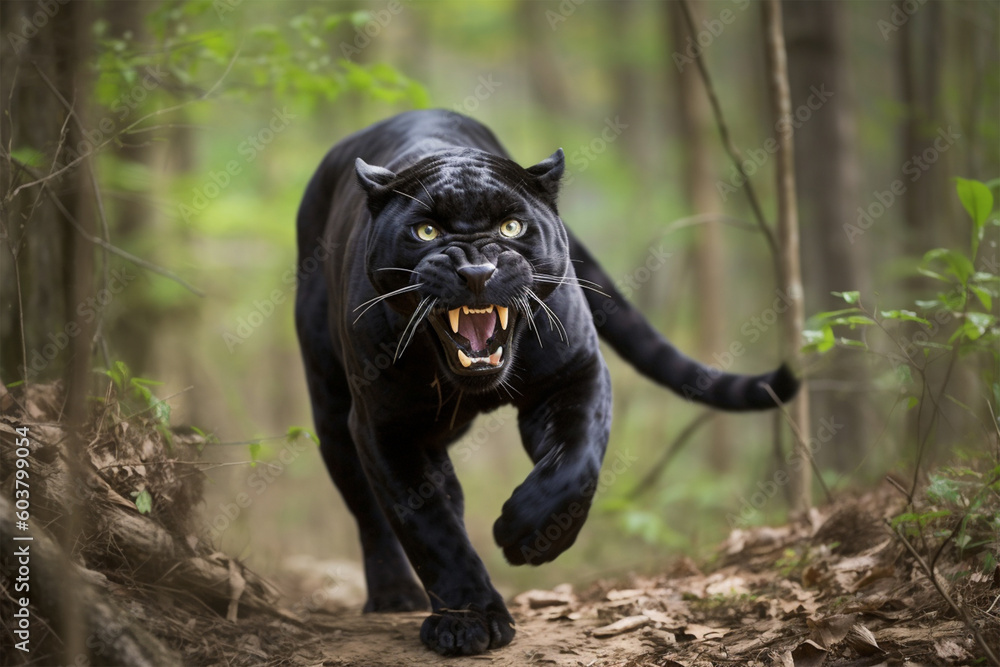 Angry black panther roaring and running in the forest.Front view.Created with generative ai ...