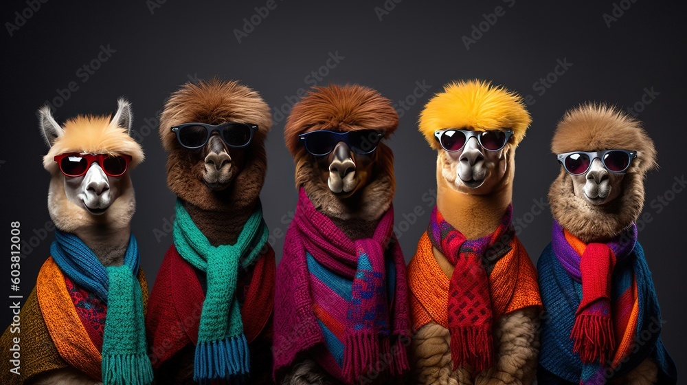 Generative AI, Group of positive different colors of alpacas or lamas ...