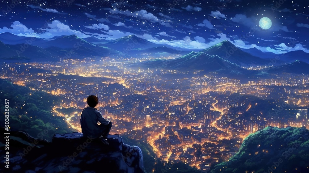 Anime japanese starry night from a mountain peak landscape wallpaper ...