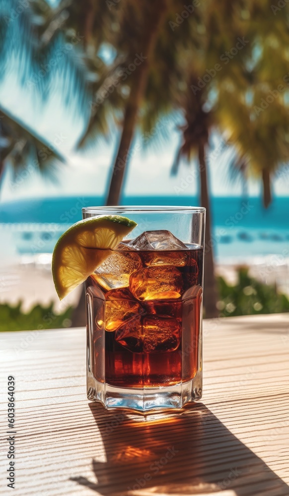 Rum and Coke Cocktail on a beach with palm trees as a background ...
