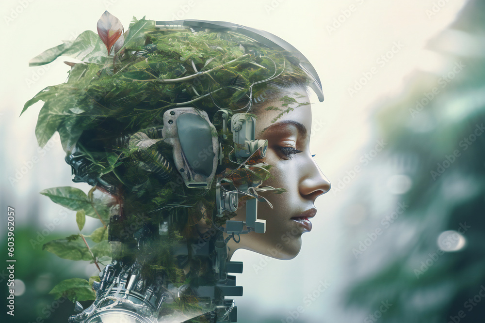 Beautiful white female android with its head covered in green leaves ...