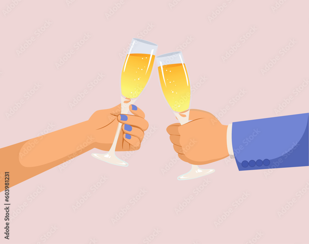 Vector illustration of groom and bride hands toasting with champagne on ...