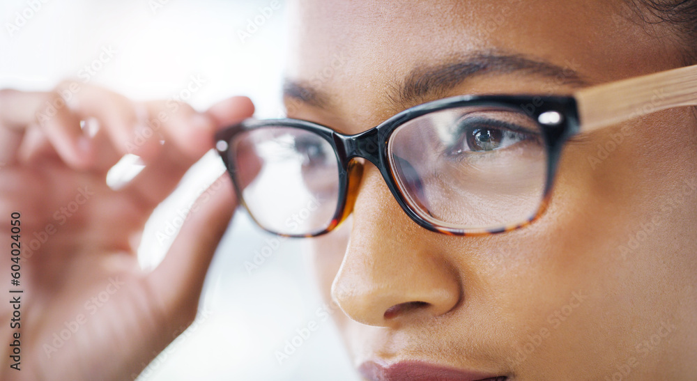 Woman, closeup of glasses and vision with eye care, prescription lens ...