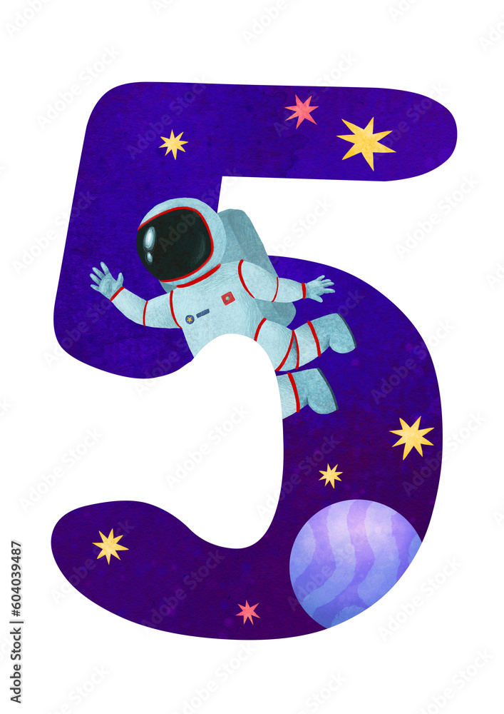 Number five (5). Space theme. Colorful children hand drawn illustration ...