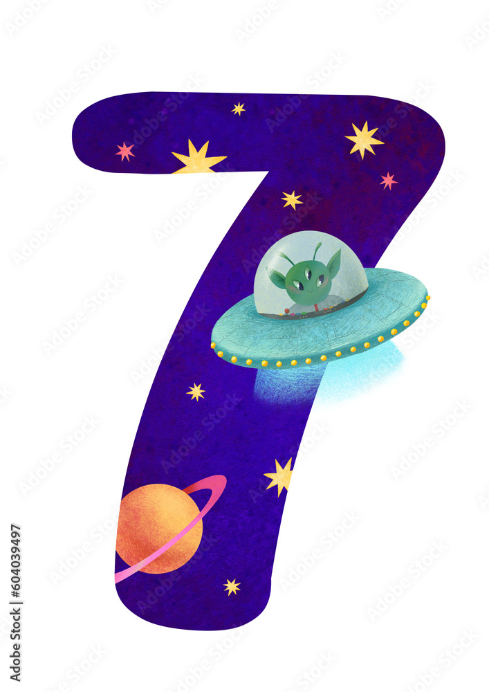 Number seven (7). Space theme. Colorful children hand drawn ...