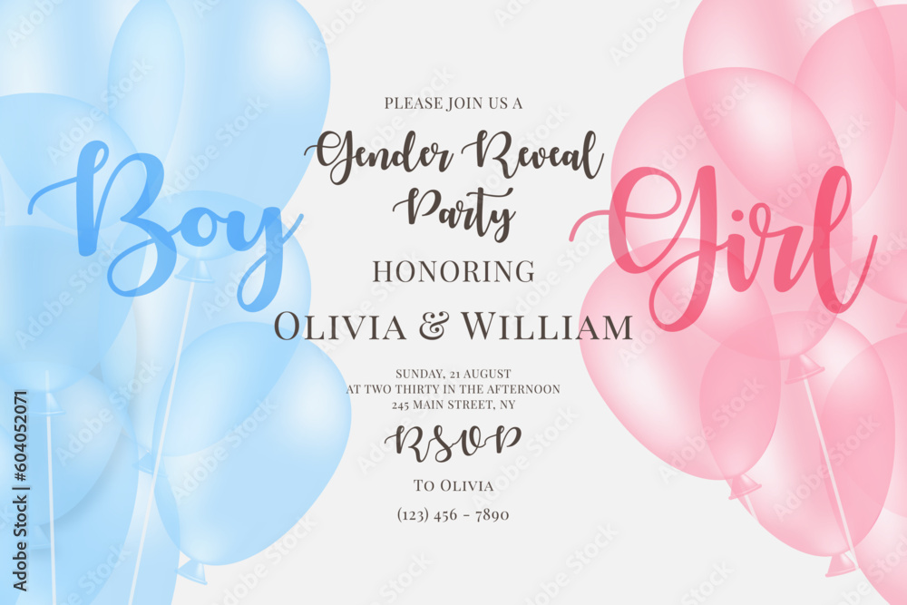 Invitation for gender reveal party with pink and blue balloons. Vector ...
