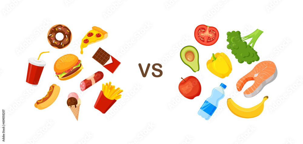 Choise between healthy and unhealthy food. Fastfood vs balanced ...