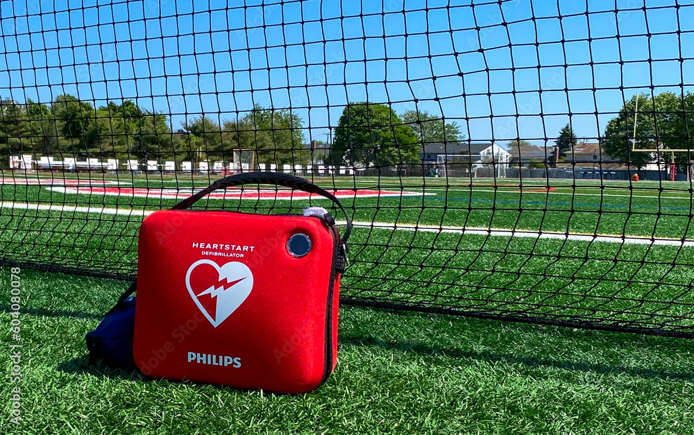 Heartstart defibrillator AED machine on a turf field Stock Photo ...