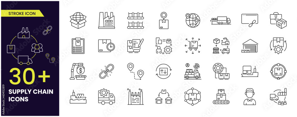 supply chain Vector Icon collection Set of line icons related to supply ...