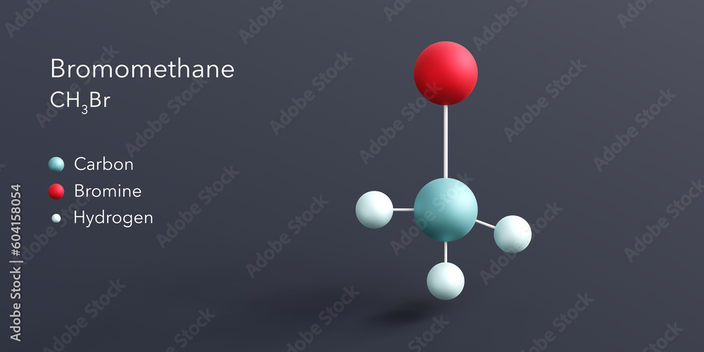 bromomethane molecule 3d rendering, flat molecular structure with ...
