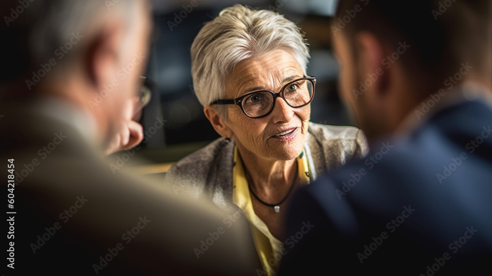 elderly men and an old woman, critical negative and stressed, talking ...