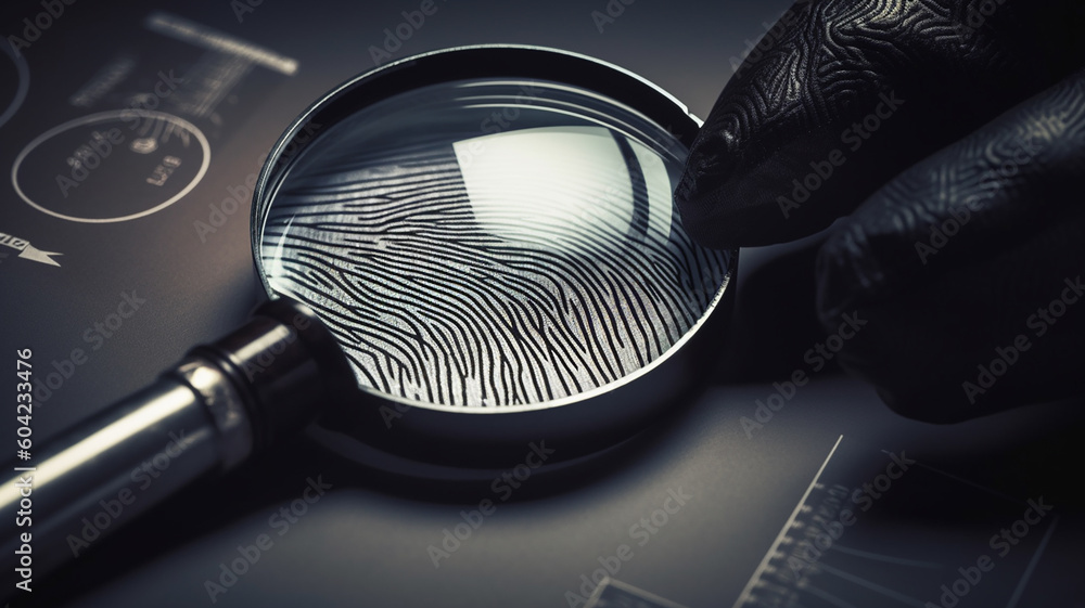 Detective using a magnifying glass to view a finger print, a crime ...
