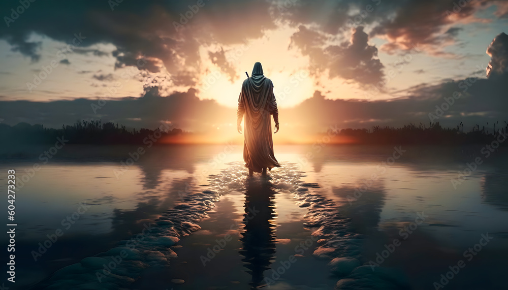 Back view Jesus Christ walking on water with sun light. Biblical Series ...