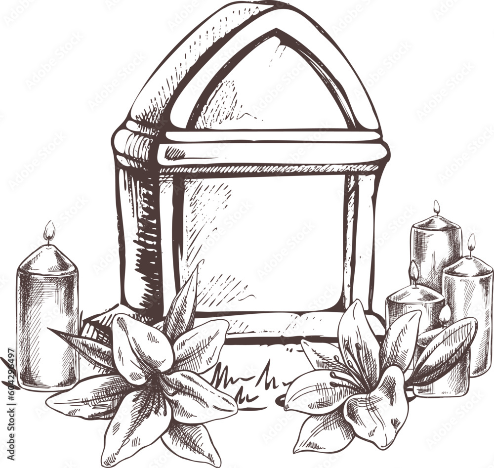 Old hand drawn murble stone tombstone with candles and lilies.. Rest in ...