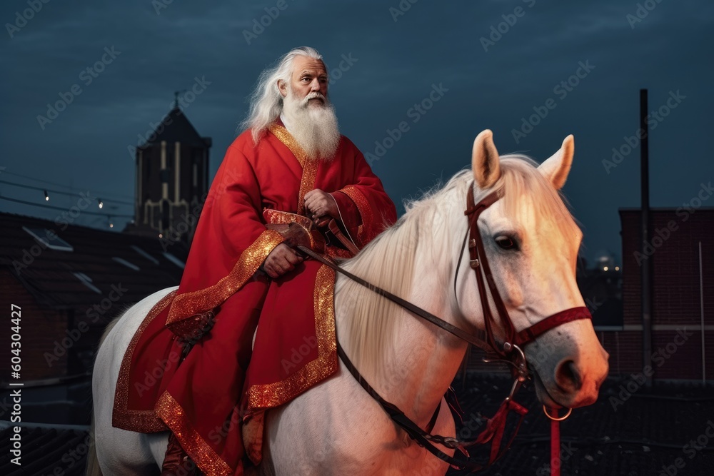 Sinterklaas on his white horse on the rooftops at night, a scene for ...