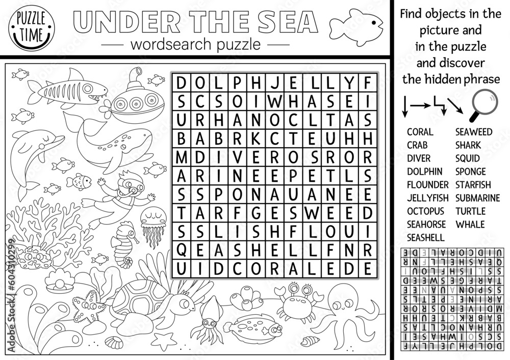 Vector black and white under the sea word search puzzle for kids ...