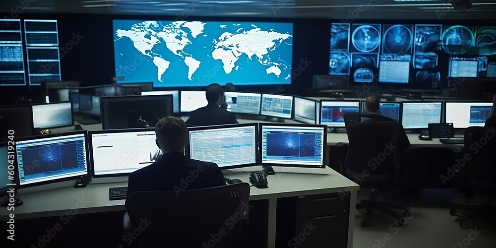 Interior of security operations centre. Secret intelligence service ...