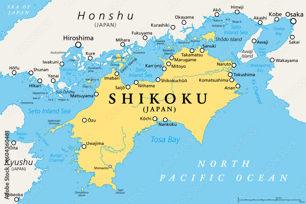 Shikoku, political map. Region and smallest of the four main islands of ...