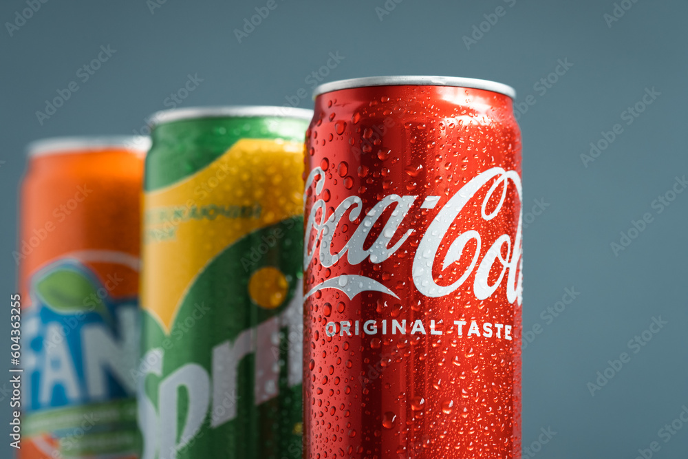KYIV, UKRAINE - May 09: Close up shot of classic Coca-Cola, Sprite and ...