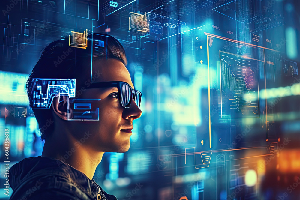 Data scientist working with a HUD virtual screen to query, analyze, and ...