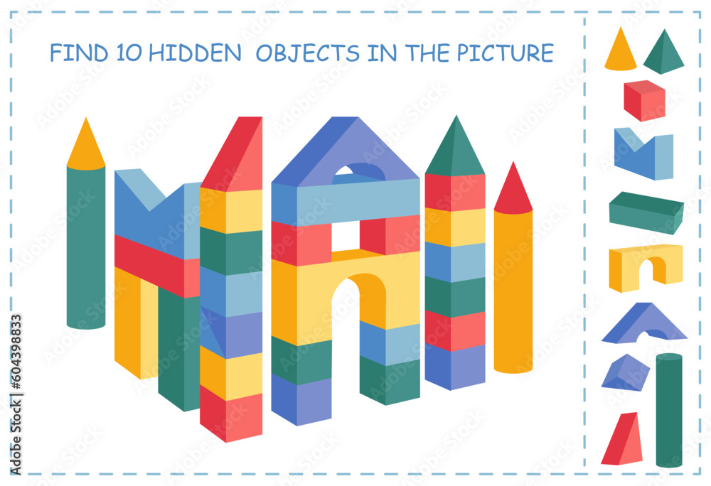 Find hidden objects. Wooden cubes and other shapes castle. Puzzle ...
