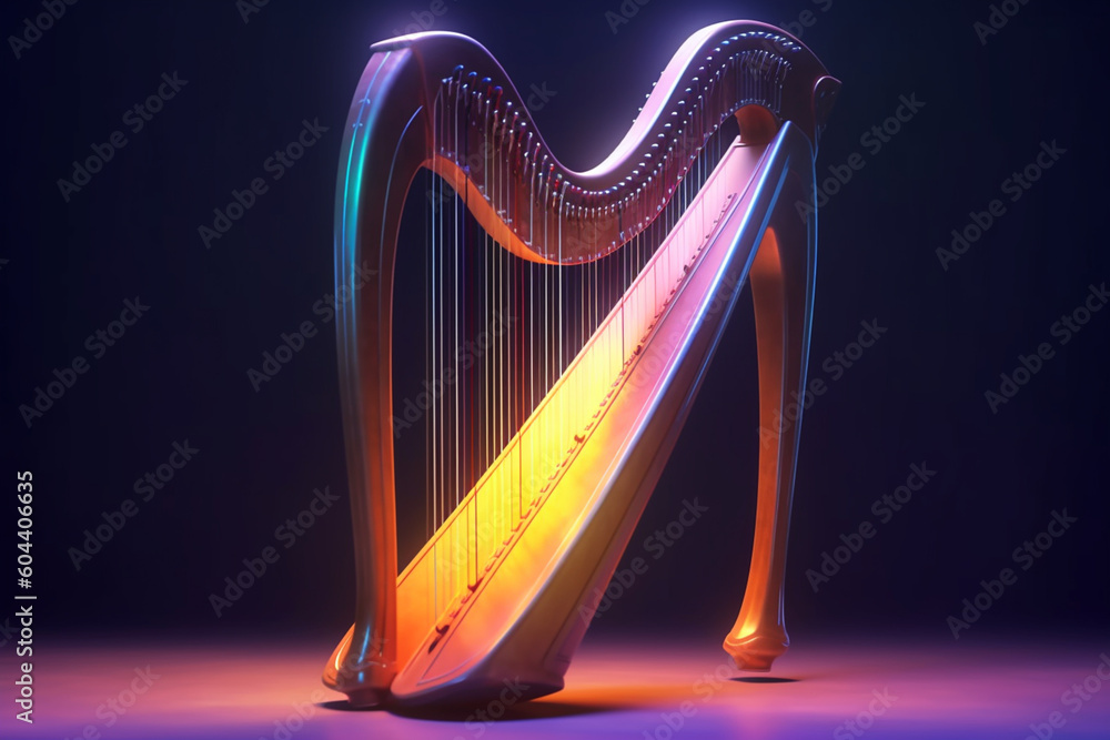 A digital illustration of a harp, with ethereal colors and delicate ...