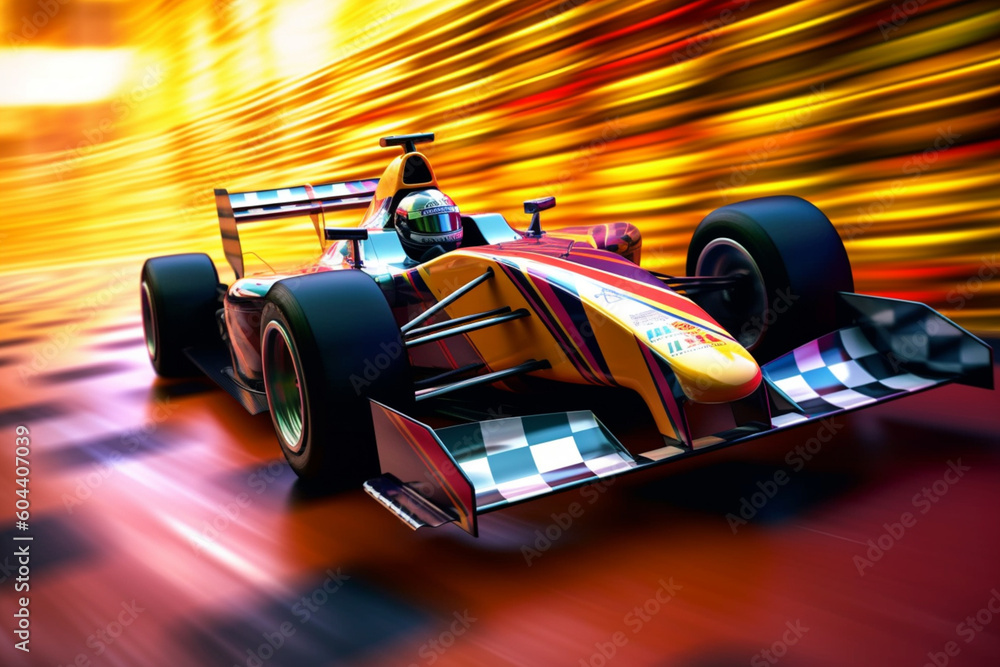 An illustration depicting a racing car zooming past a checkered flag, conveying the excitement ...